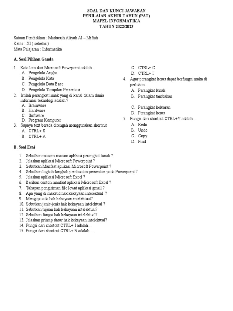 Soal Dan Kunci Jawaban Pat Tik Kelas 11 | PDF | Komputer