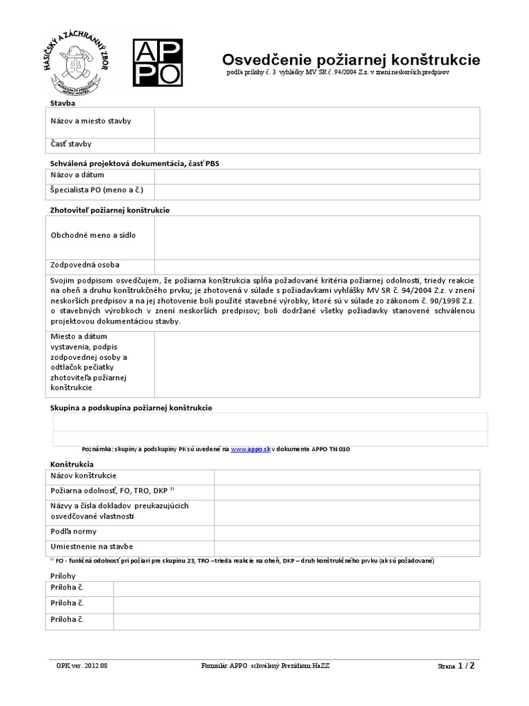 Osvedčenie Požiarnej Konštrukcie: Stavba | PDF