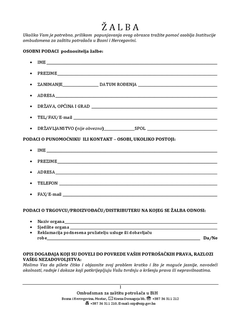 Obrazac Zalbe IOZZP HR | PDF