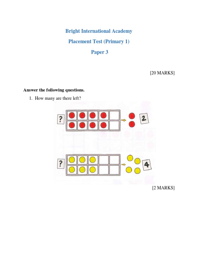 Primary 1 Paper 3 Math Placement Test | PDF