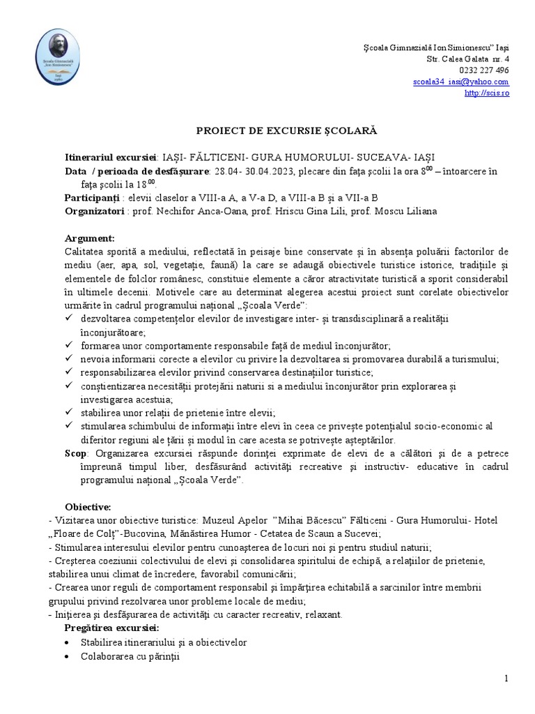 Proiect de Excursie Şcolară | PDF