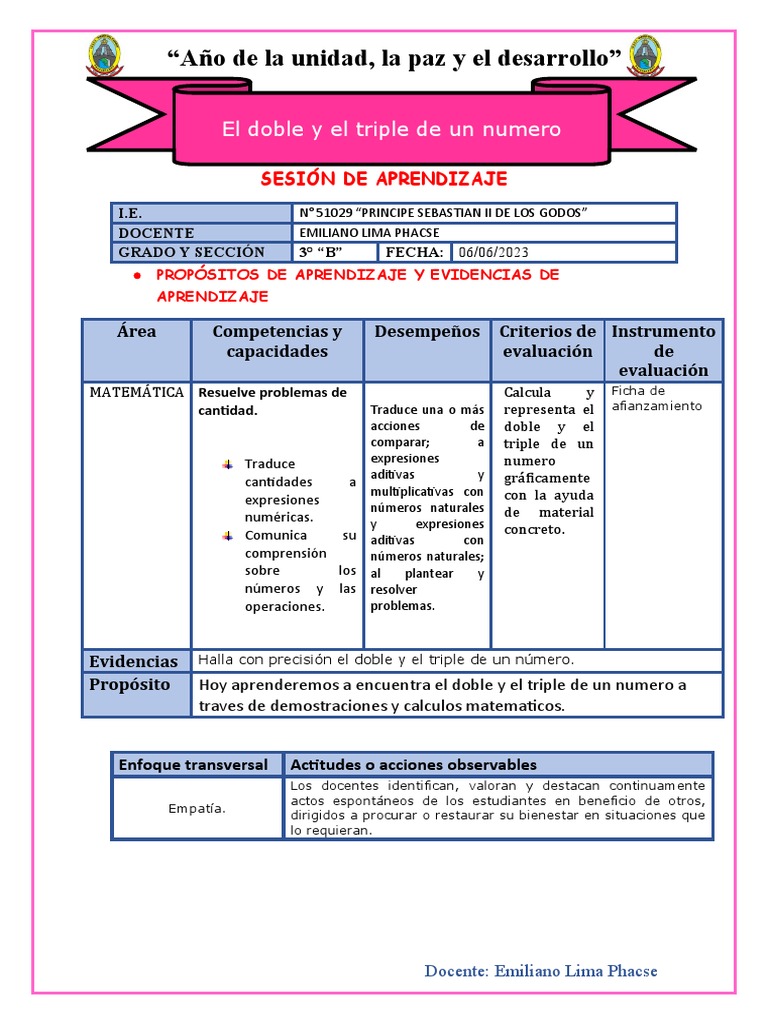 Sesion de Aprendizaje 01 Matematica (El Doble y El Triple de Un Nunmero) | PDF | Evaluación ...