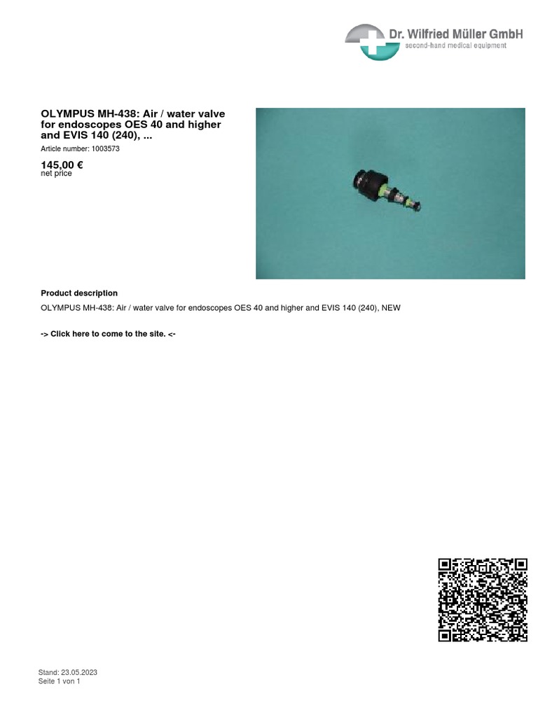 Olympus MH 438 Air Water Valve For Endoscopes Oes 40 and Higher and ...