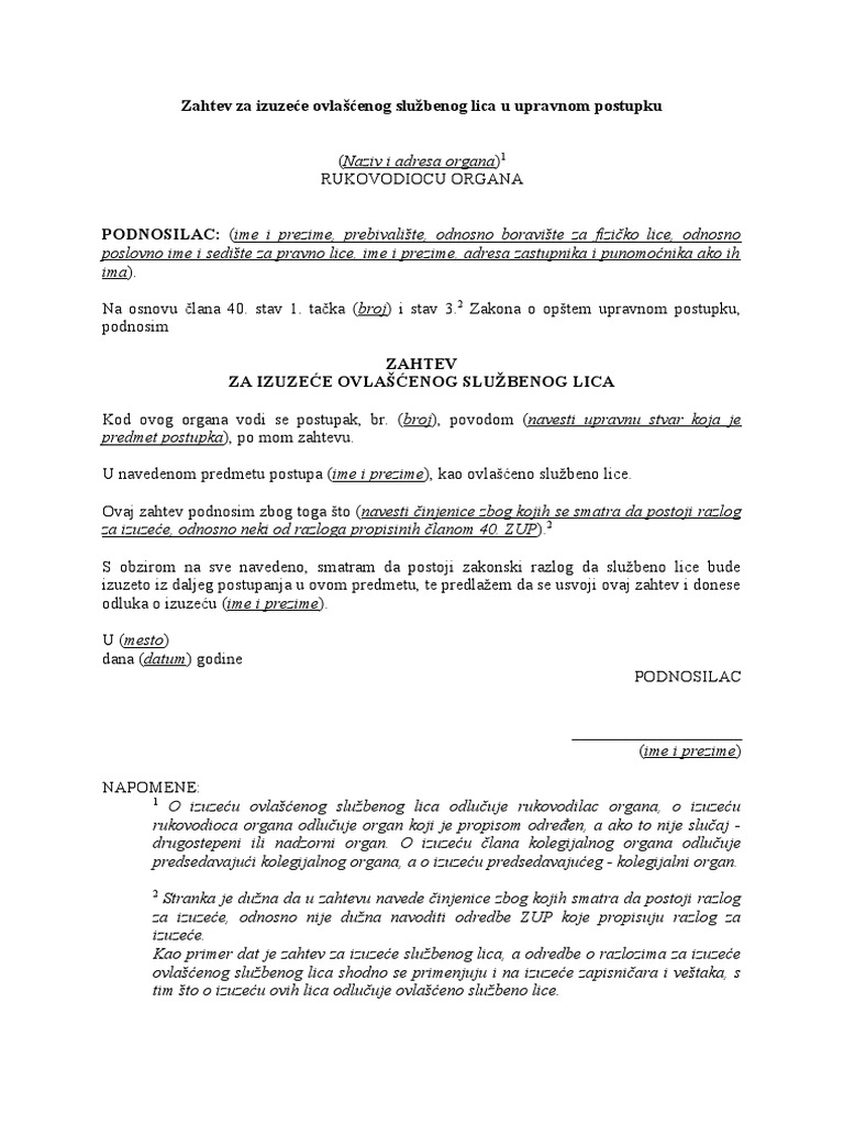 Zahtev Za Izuzeće Ovlašćenog Službenog Lica U Upravnom Postupku | PDF