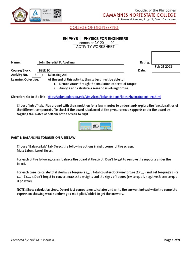 Zenarosa Jay Mark Activity No.-4 Enphys | PDF | Torque | Physics