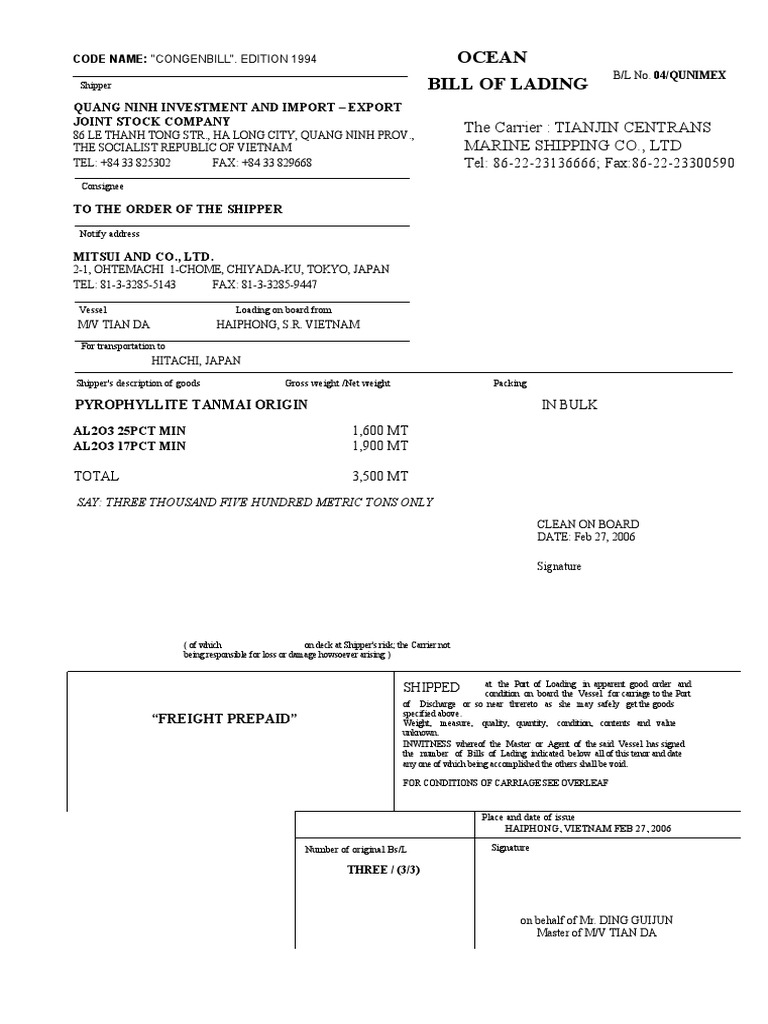 Congenbill94 Pyrophylit | PDF | Cargo | Bill Of Lading