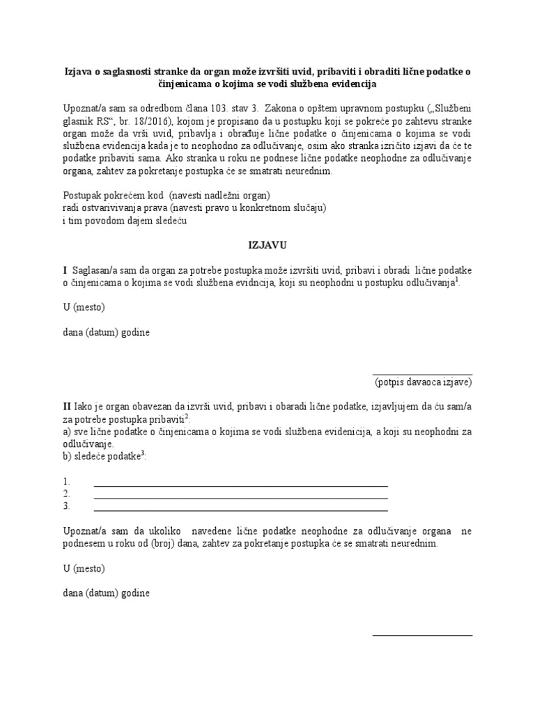 Izjava o Saglasnosti Stranke Da Organ Može Izvršiti Uvid | PDF