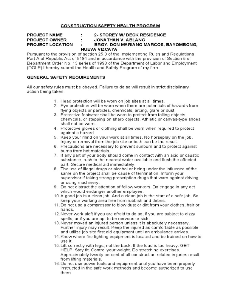 CONSTRUCTION SAFETY HEALTH PROGRAM For Ablang | PDF | Safety ...