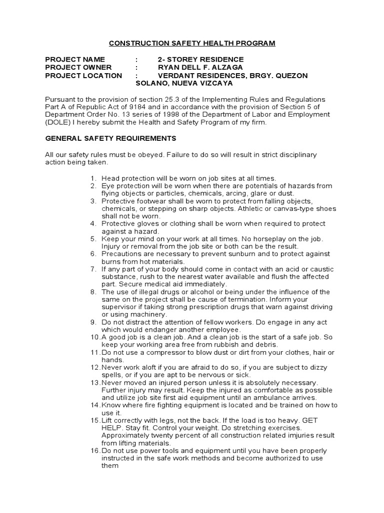 CONSTRUCTION SAFETY HEALTH PROGRAM For ALZAGA | PDF | Occupational ...