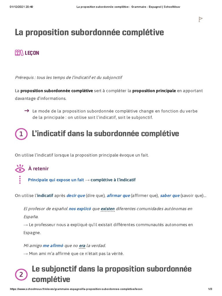 La proposition subordonnée complétive | PDF