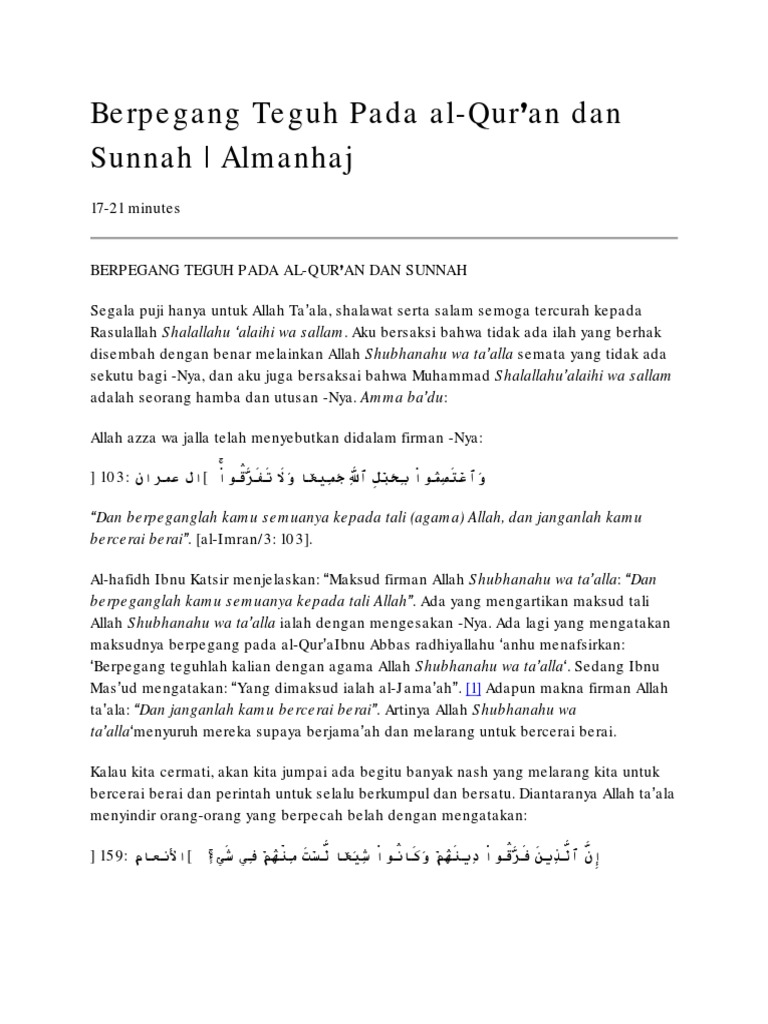 Berpegang Teguh Pada Al-Qur'an Dan Sunnah Almanhaj | PDF