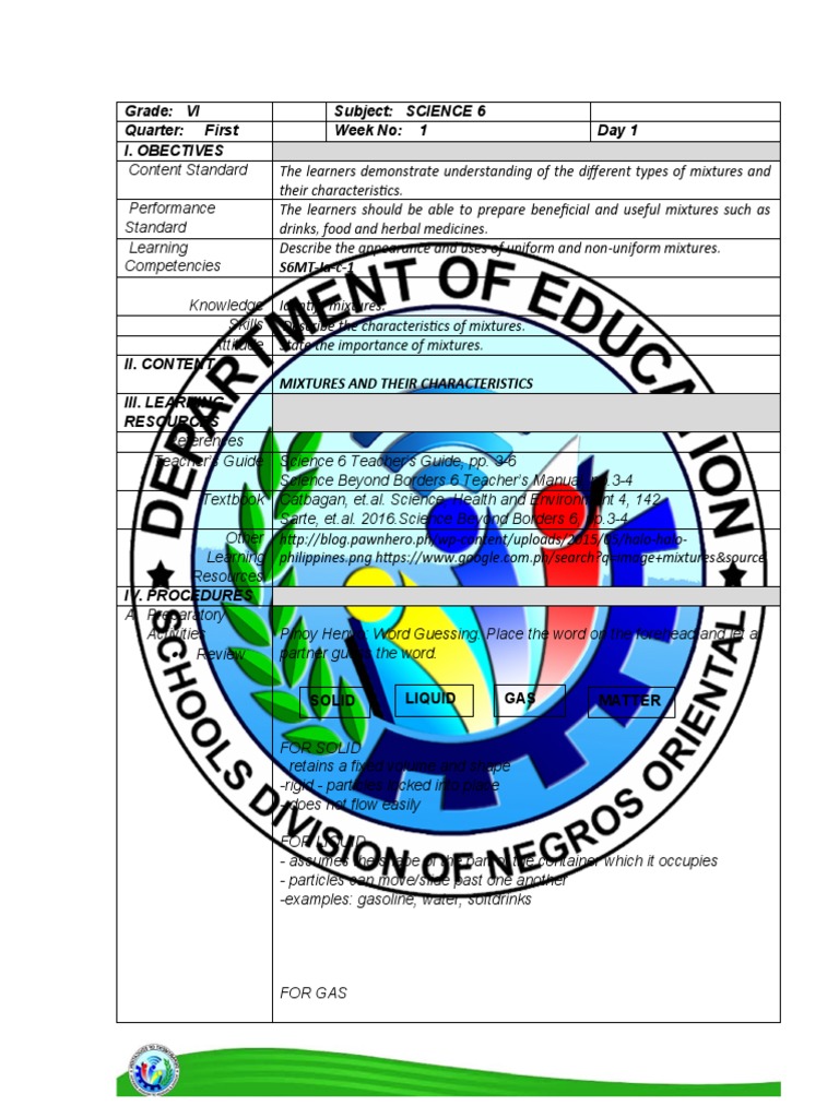 DLP SCIENCE 6 Q1 WK 1 Day 1 | PDF | Mixture | Juice