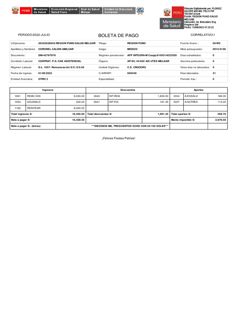 Boleta de Pago Médico - Región Puno | PDF