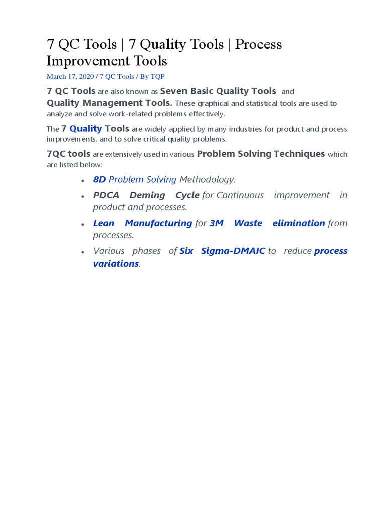 7 QC Tools 7 Quality Tools Process Improvement Tools | PDF | Scatter ...