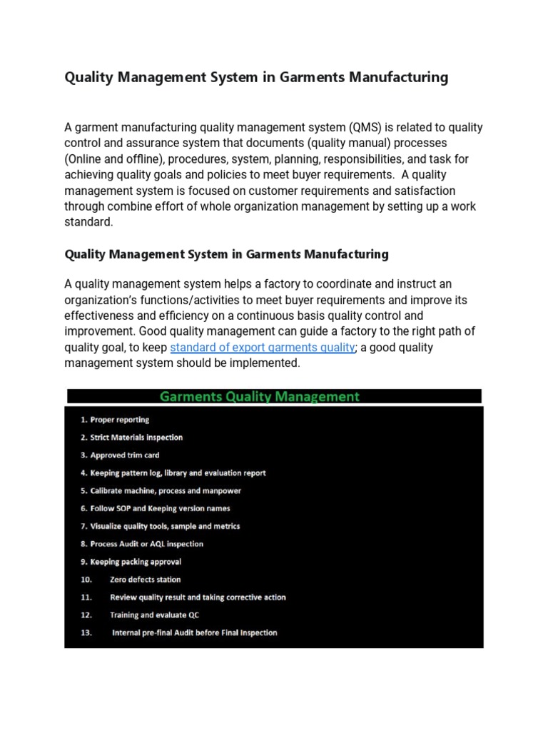 Quality Management System in Garments Manufacturing by Sujan | PDF ...