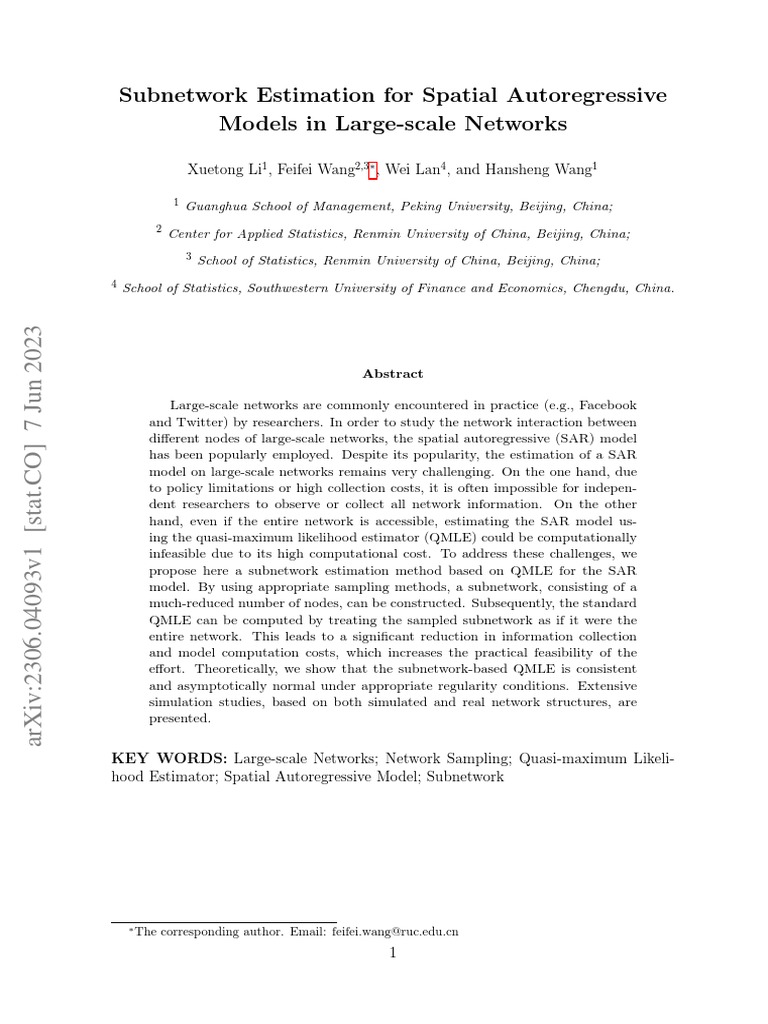 Subnetwork Estimation For Spatial Autoregressive Models In Large Scale Networks Pdf Markov 