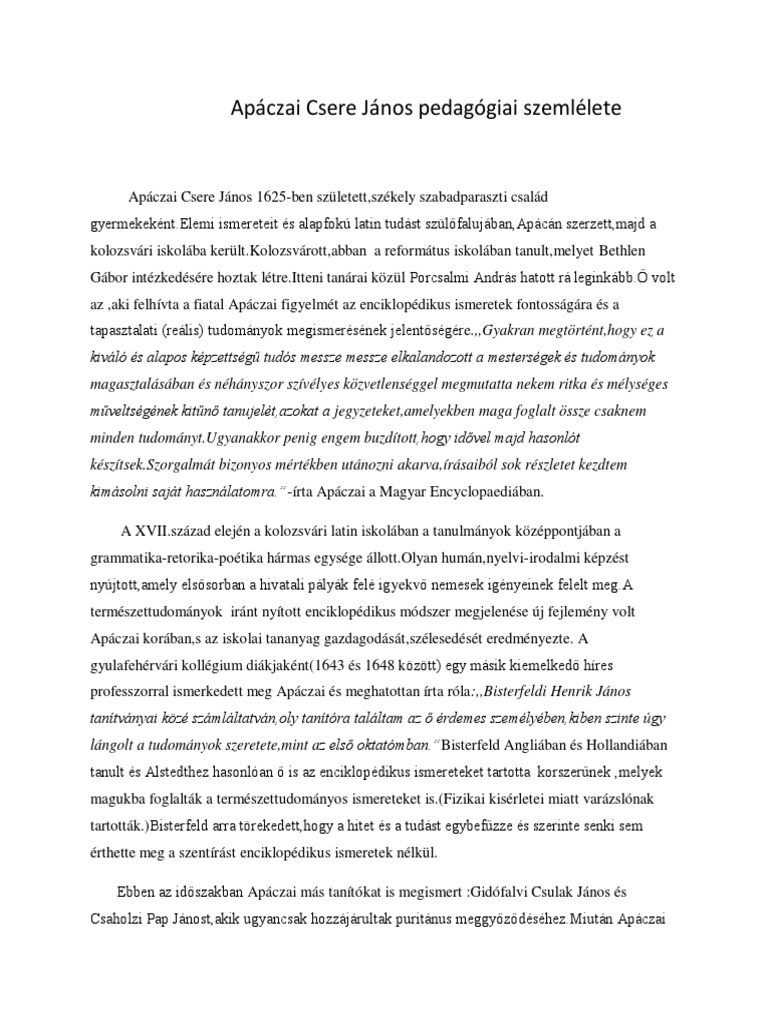 Apáczai Csere János Pedagógiai Szemlélete | PDF