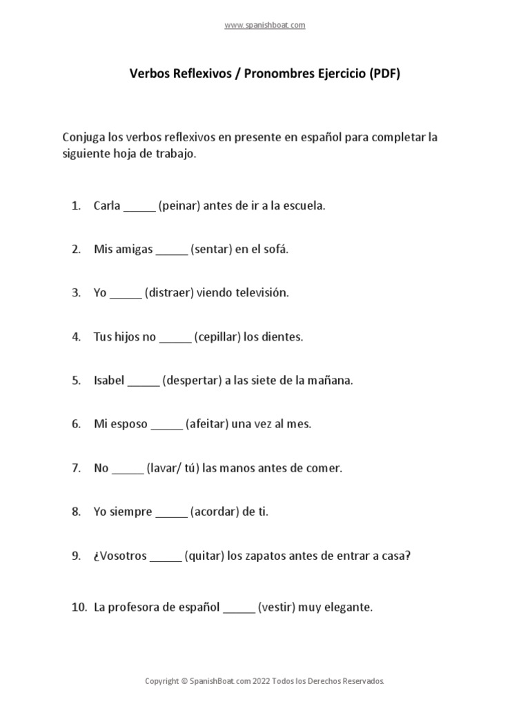 Hojas De Trabajo Sobre Pronombres Reflexivos PRONOMBRES REFLEXIVOS EN