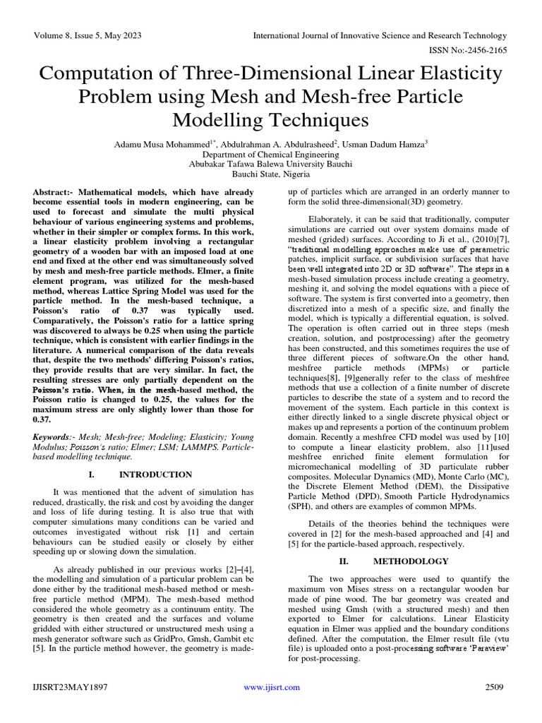 Computation Of Three Dimensional Linear Elasticity Problem Using Mesh And Mesh Free Particle