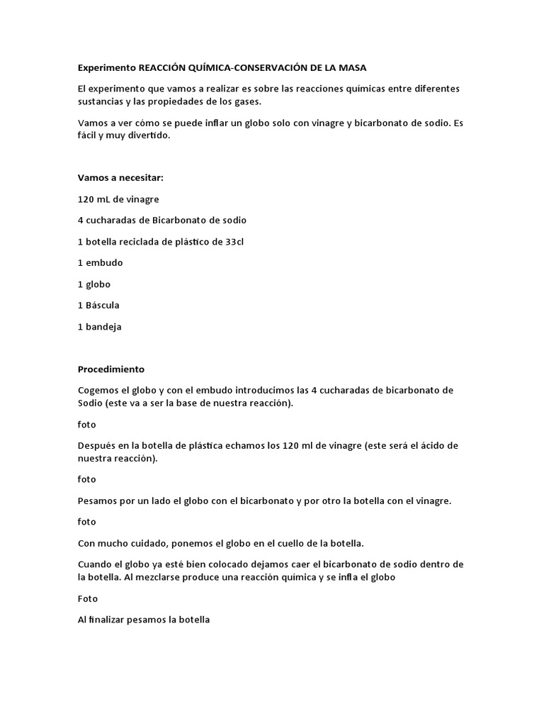 Experimento REACCIÓN QUÍMICA GLOBO | PDF