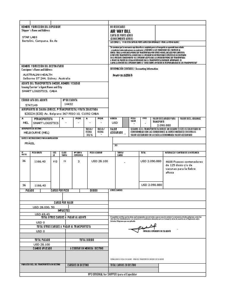 Modelo de Air Waybill Awb o Conocimiento | PDF