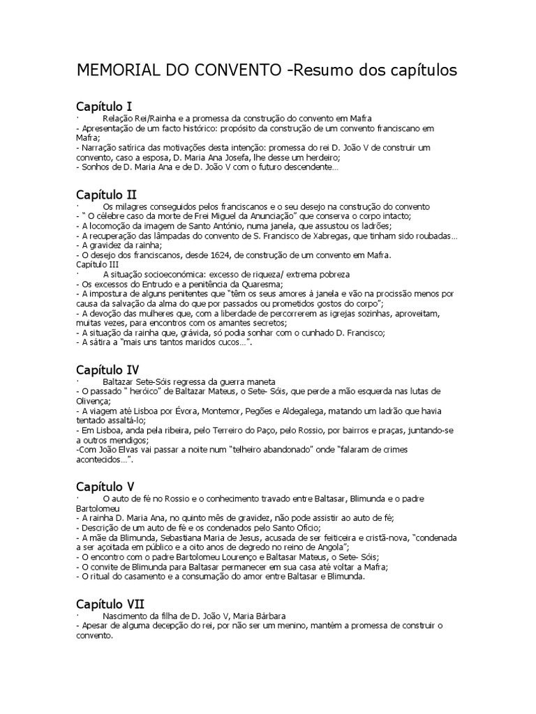 Memorial Do Convento-Resumo Capitulos | PDF