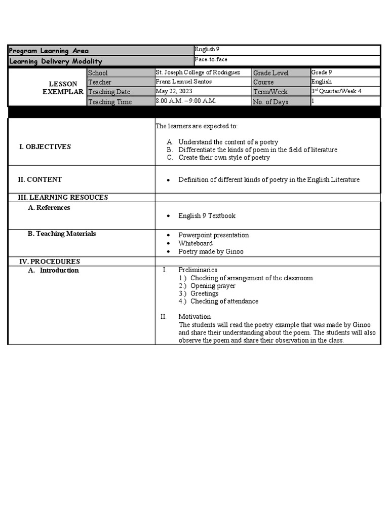Template For Lesson Exemplar 1 | PDF
