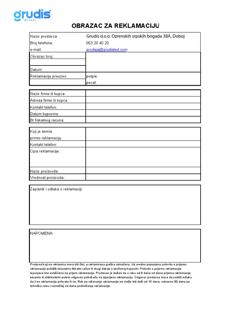 Reklamacije-obrazac GRUDIS Doboj | PDF
