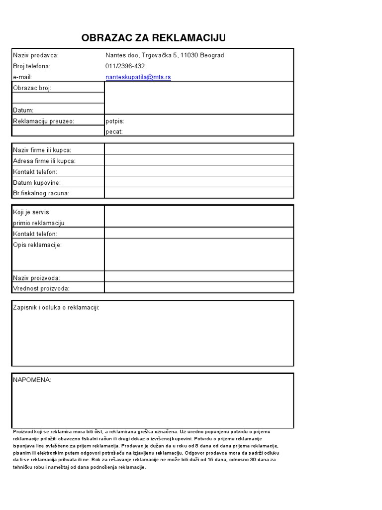 Reklamacije Obrazac | PDF