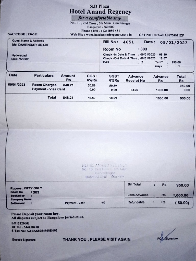 Banglore Hotel Bill_08 JAN 2023 | PDF | Business | Payments