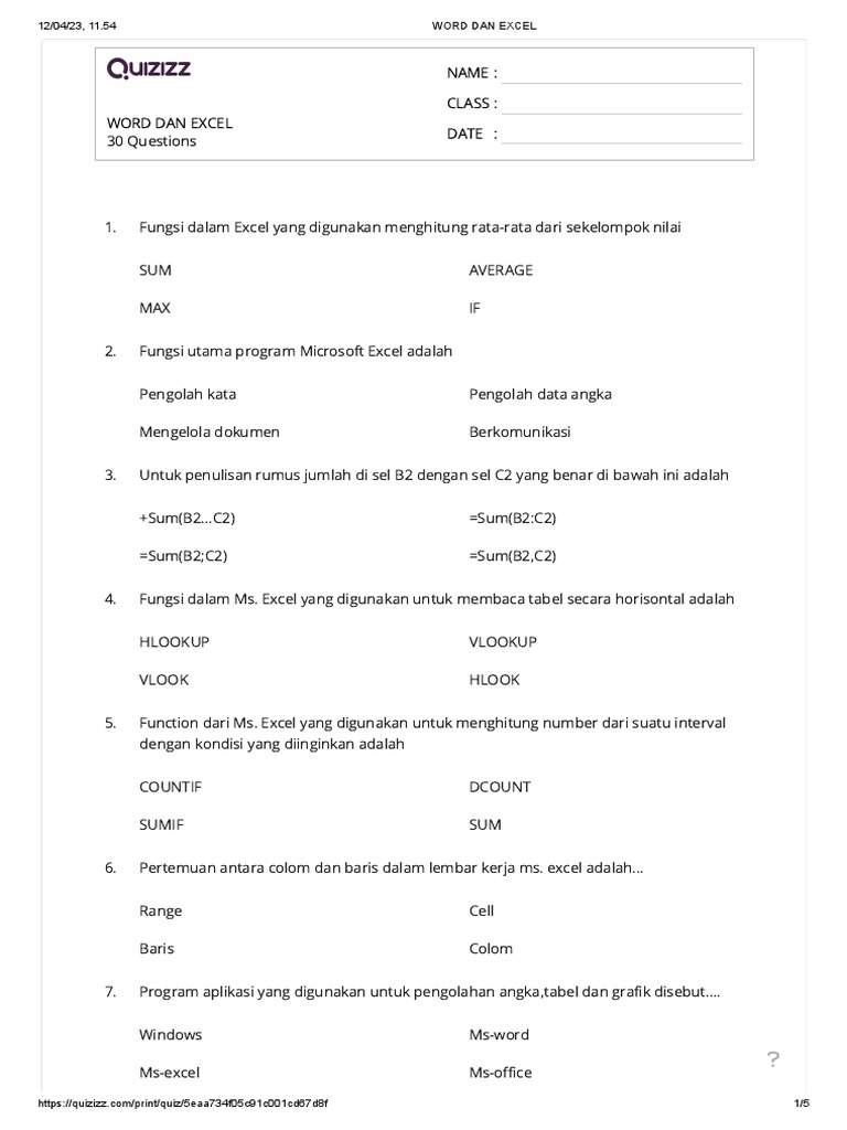 Kuis Word dan Excel: 30 Soal | PDF