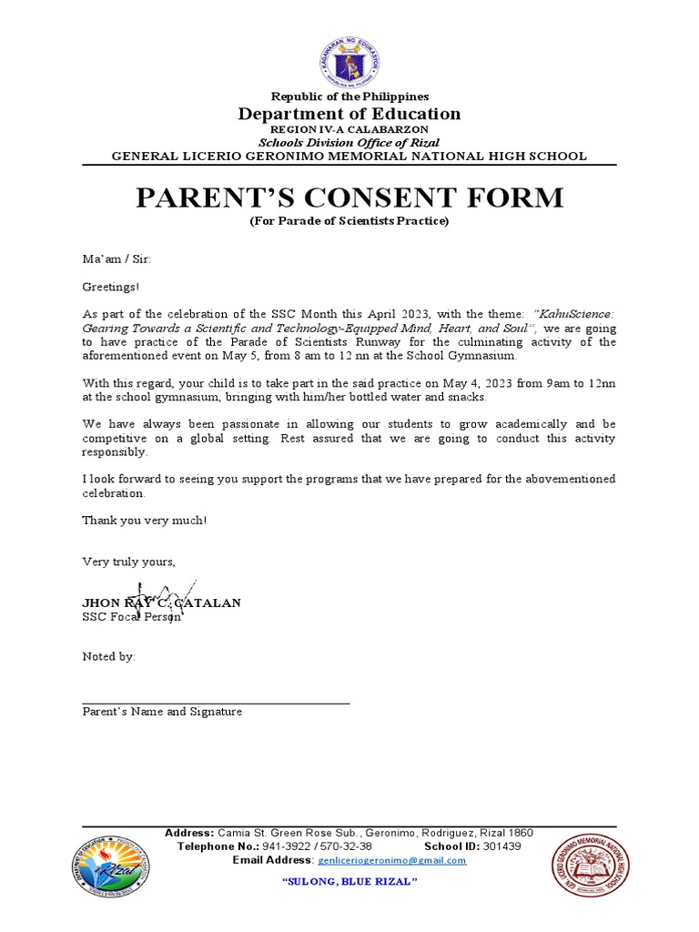 Parents Consent Parade of Scientists Practice 2.0 | PDF