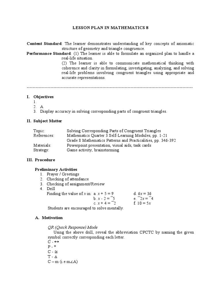 Lesson Plan in Mathematics 8 | PDF