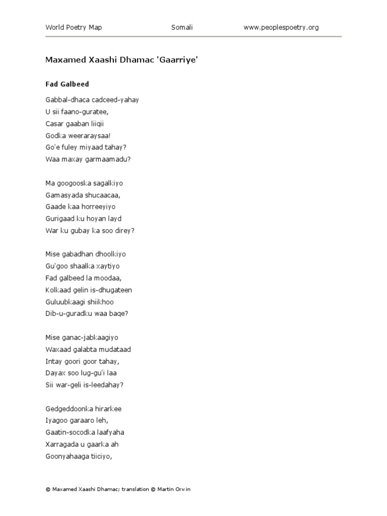 Somalia Poetry Gaarriye Evening-Cloud | PDF
