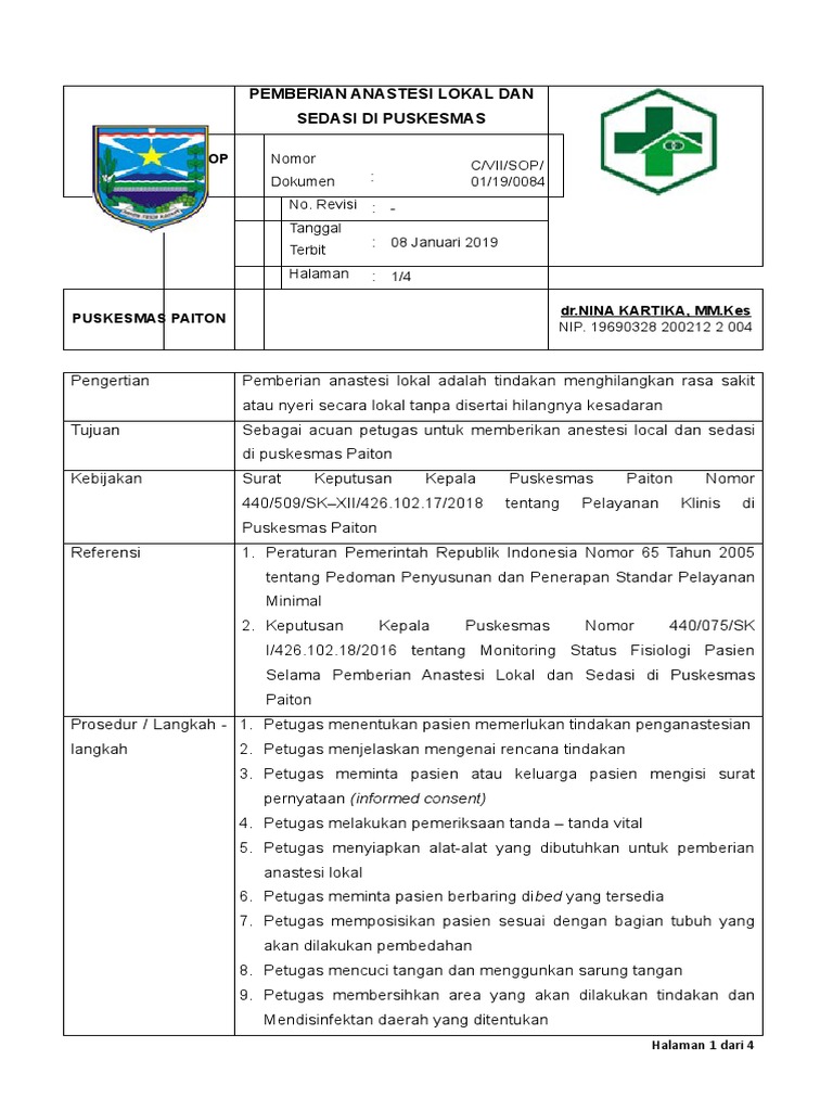 Sop Pemberian Anastesi Lokal Dan Sedasi Di Puskesmas | PDF