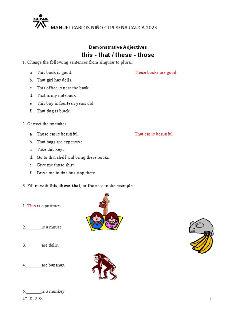 Demonstrative Adjectives Exercises | PDF | Language Arts & Discipline