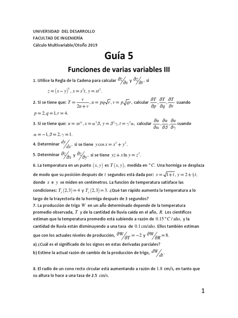 Multivariable Guía 5 Funciones de Varias Variables III 2019I | PDF ...