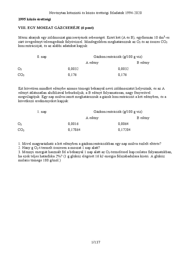 Novenytan Ketszintu Es Kozos Erettsegi Feladatok 1994 2020 | PDF