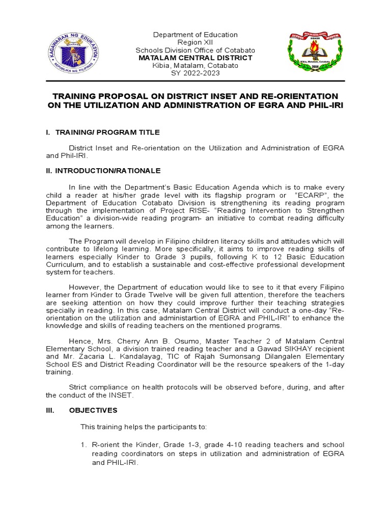 TRAINING PROPOSAL FOR IN-SERVICE TRAINING (INSET) ON EGRA and PHIL-IRI ...