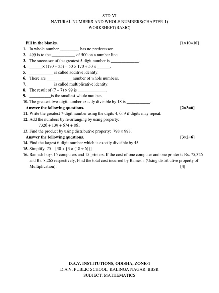 WORKSHEET - Basic Ques | PDF | Numbers | Natural Number
