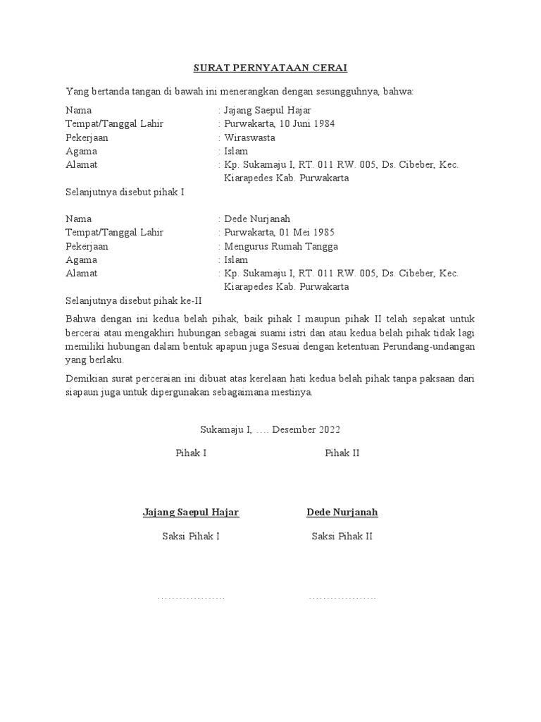 Surat Pernyataan Cerai | PDF