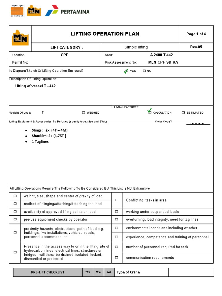 Lifting Operation Plan for Vessel T-442 | PDF