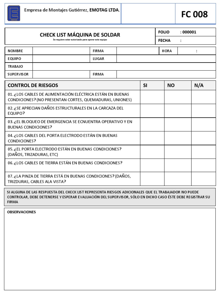 Check List Maquina de Soldar | PDF Check List Maquina de Soldar | PDF
