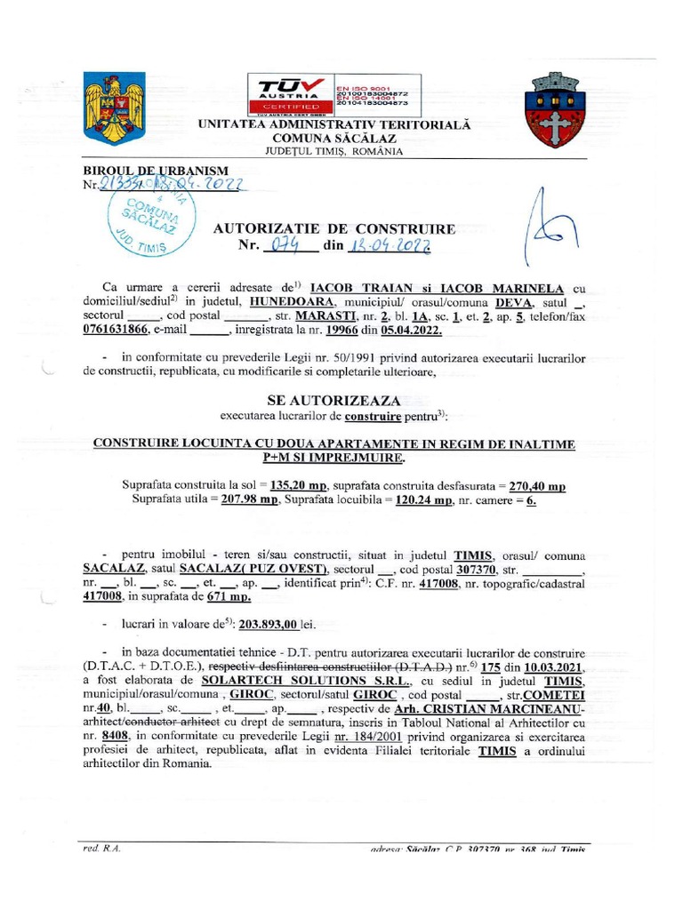 Iacob Autorizatie de Construire | PDF