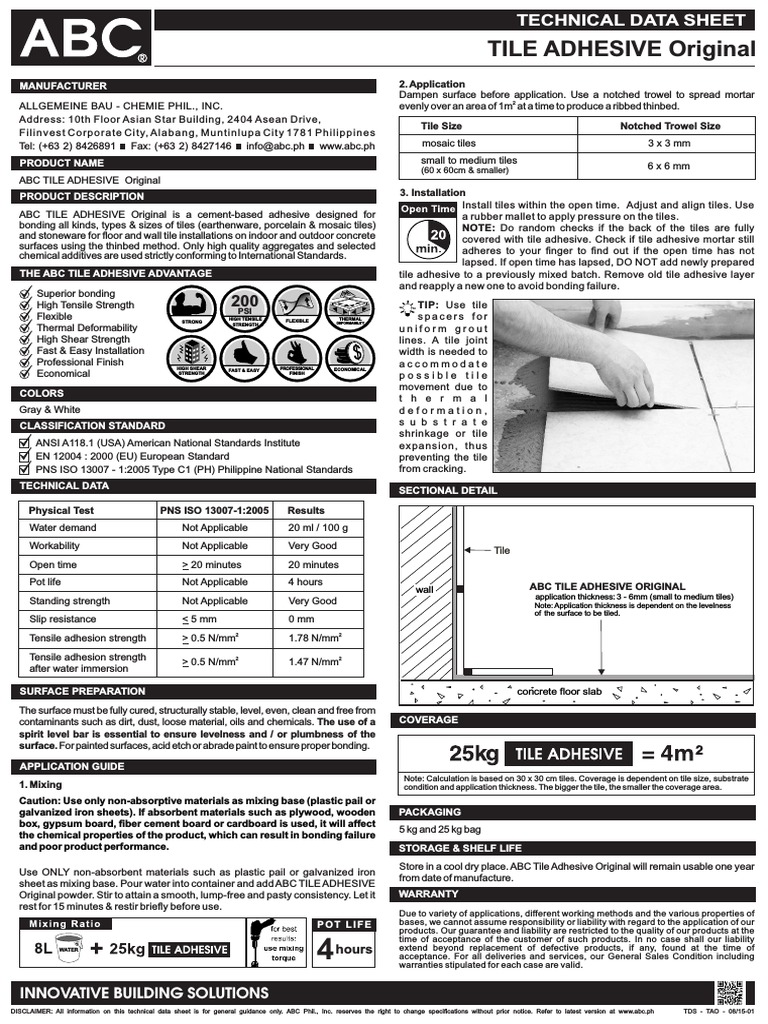 Tile Adhesive Original Technical Leaflet rev 1 | PDF | Tile | Adhesive