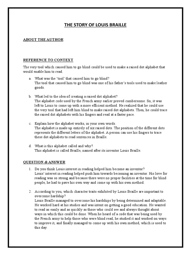 THE STORY OF LOUIS BRAILLE- NOTES | PDF