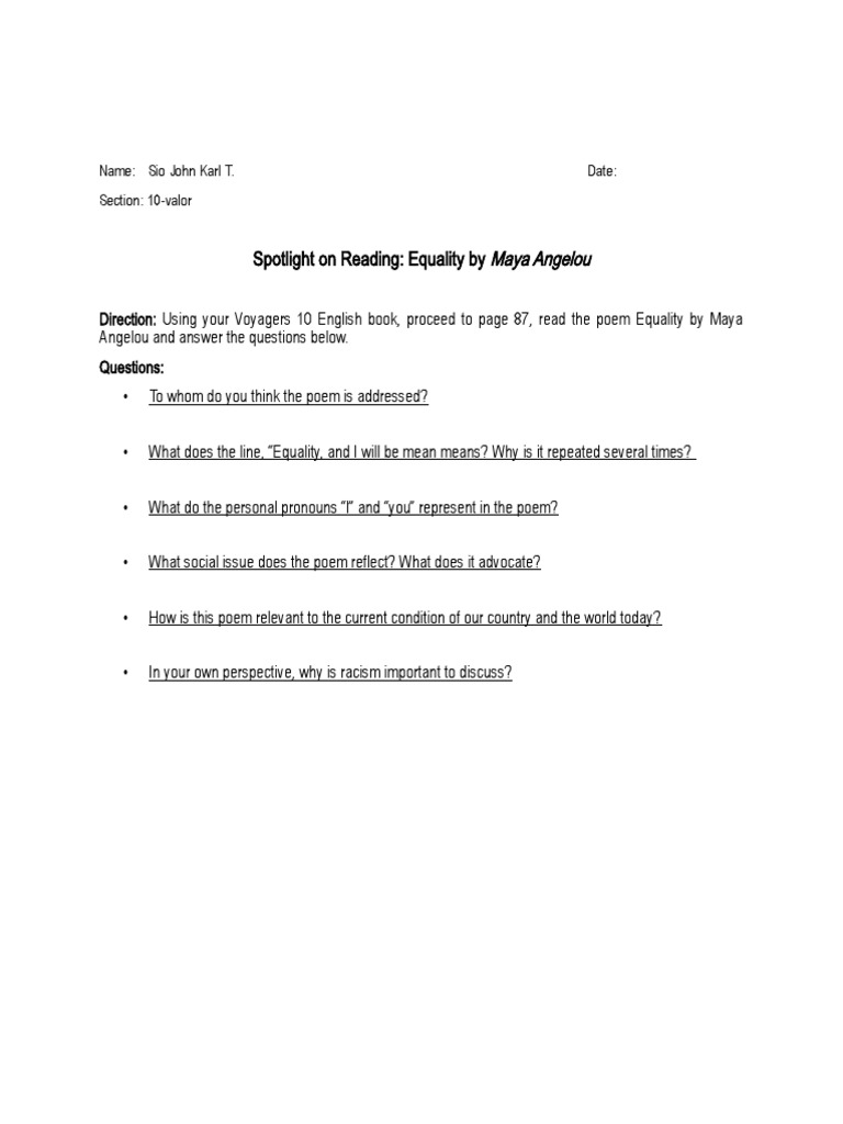 Analyzing Maya Angelou's Equality Poem | PDF