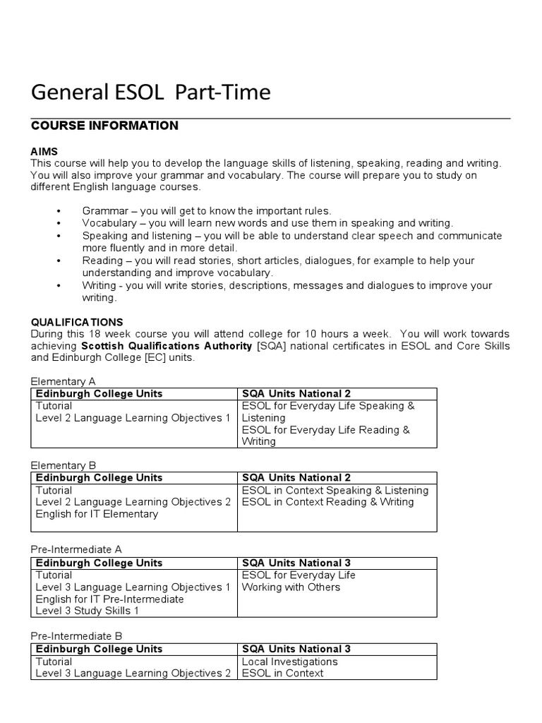 General Esol Part Time | PDF | English As A Second Or Foreign Language ...
