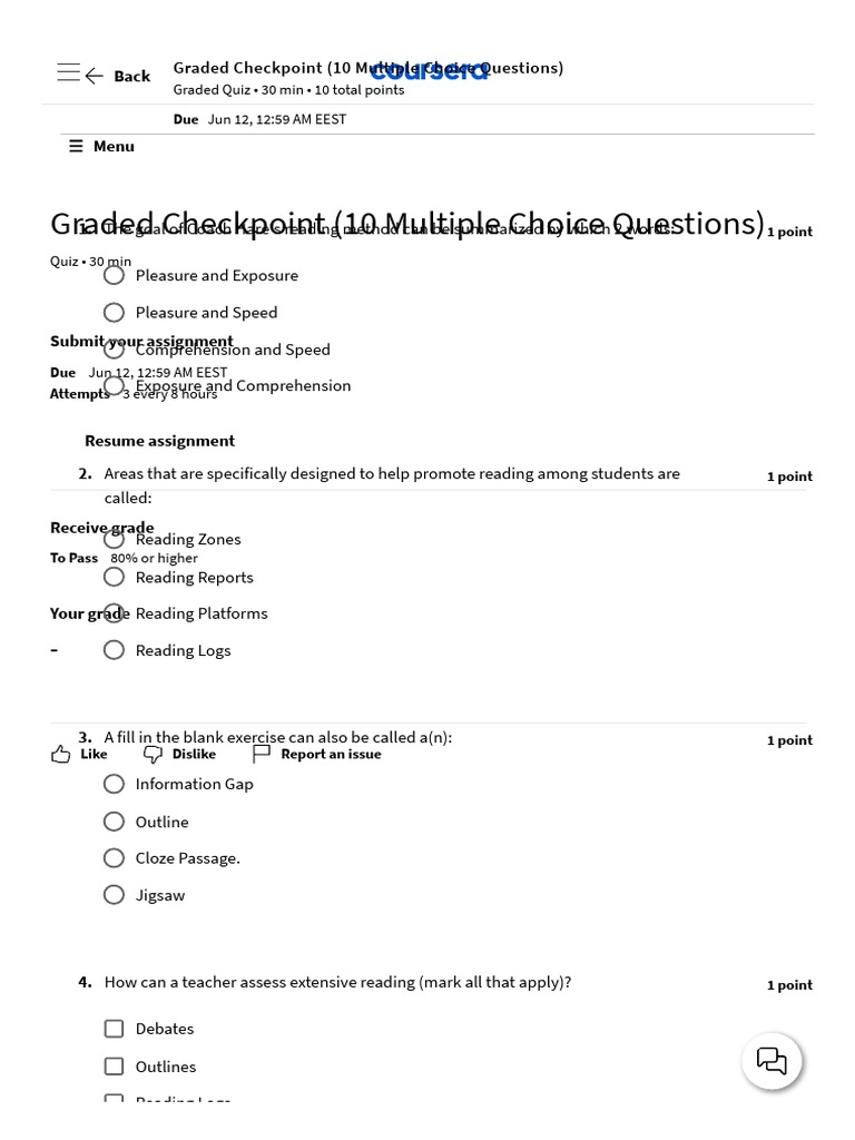 Graded Checkpoint (10 Multiple Choice Questions) - Coursera | PDF