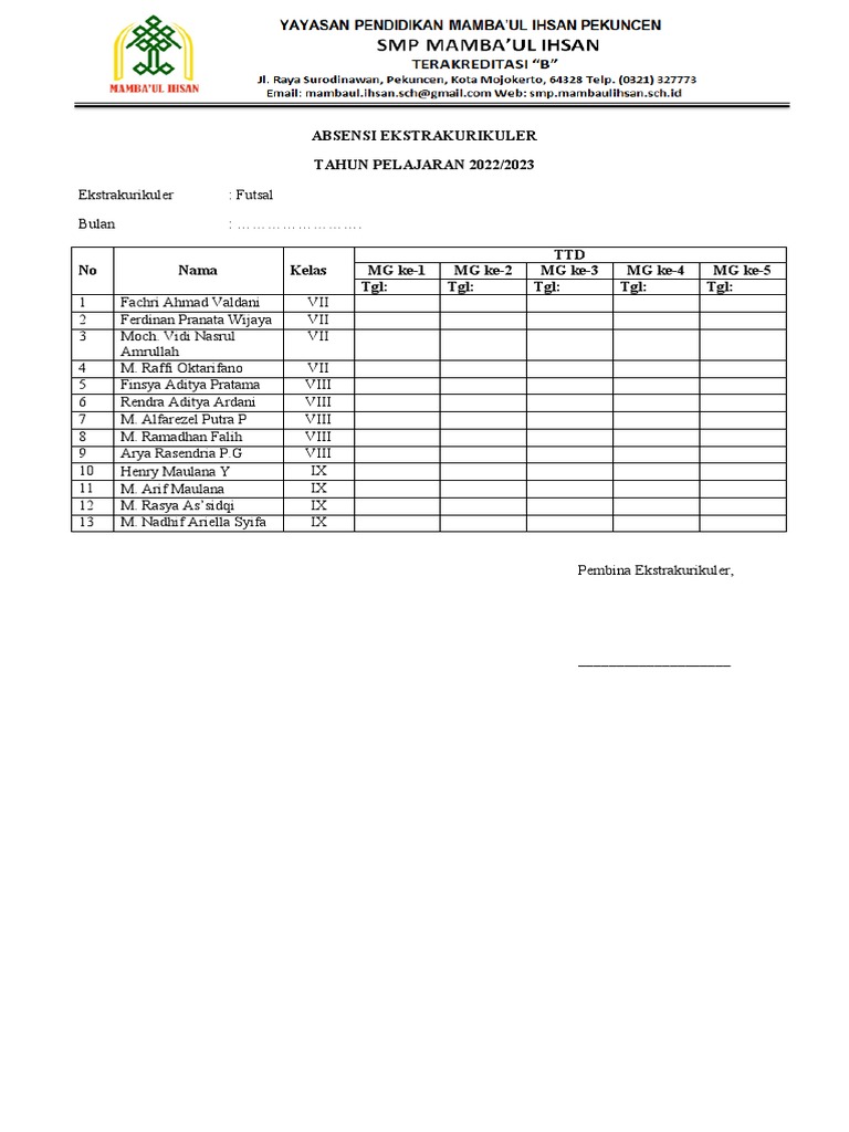 Absensi Ekstrakurikuler Siswa | PDF